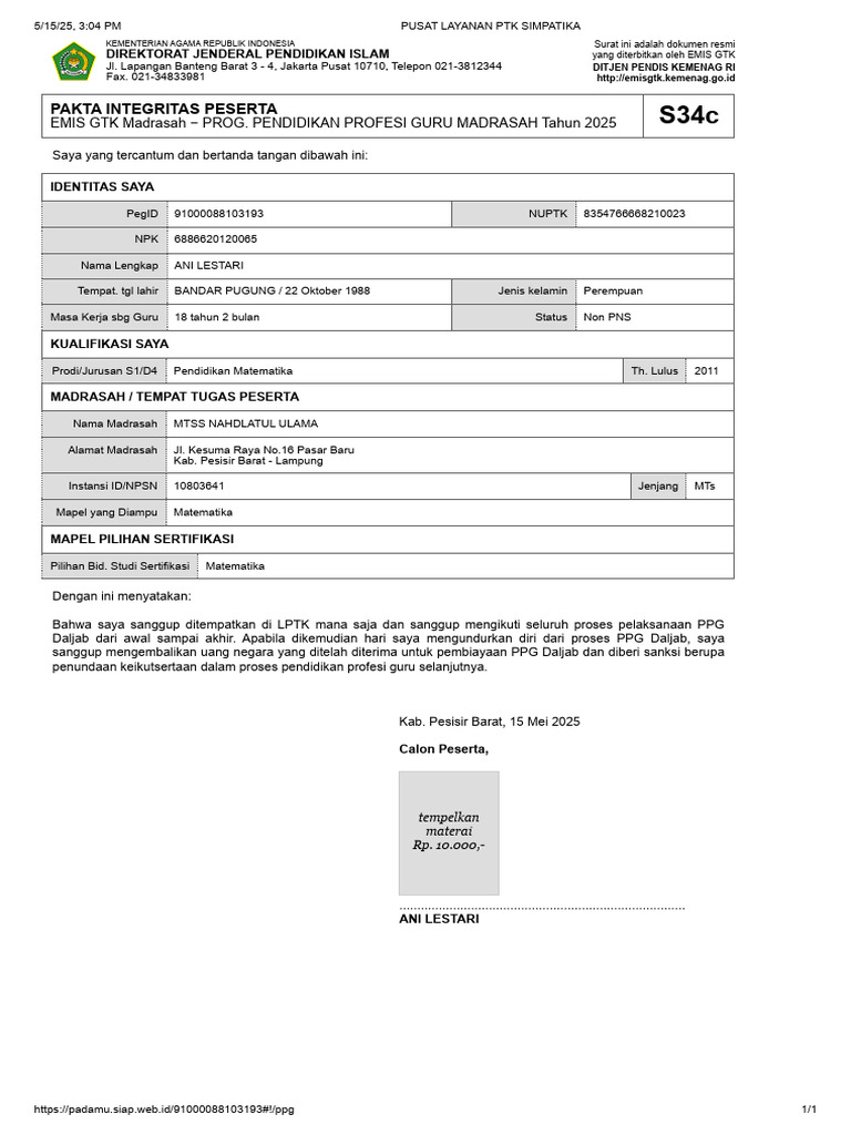 PAKTA INTEGRITAS - S34c - ANI LESTARI | PDF