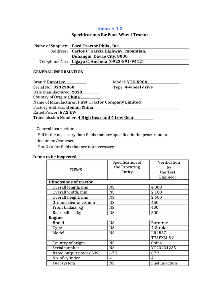 Annex A For Testing Protocol (Classification-FWT) | PDF | Tractor ...