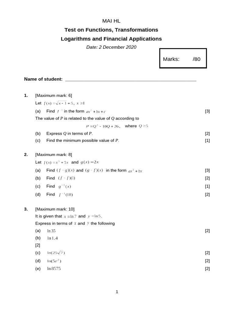 TEST 2 Functions, Transformations, Logarithms, Financial | PDF ...