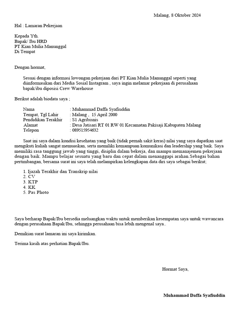 Muhammad Daffa Syafiuddin - Crew Warehous | PDF