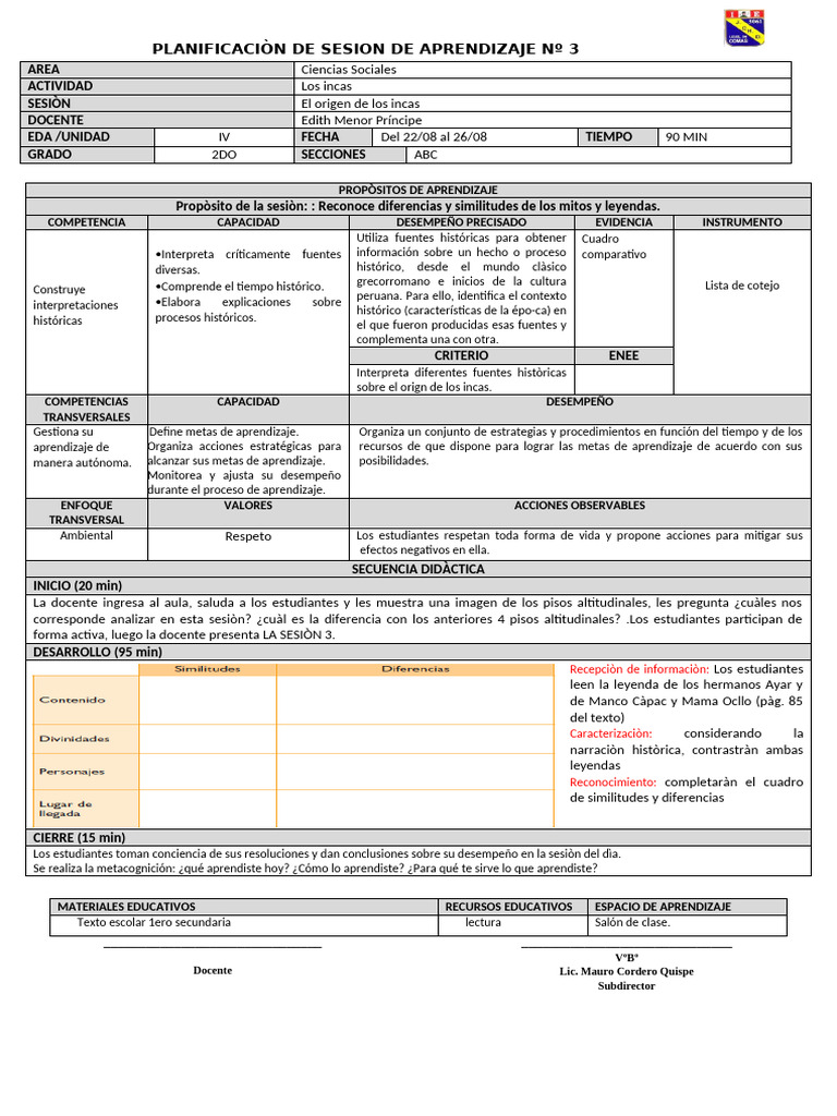 Planificaciòn de Sesion de Aprendizaje #3: Area Actividad Sesiòn Docente Eda /unidad Fecha ...