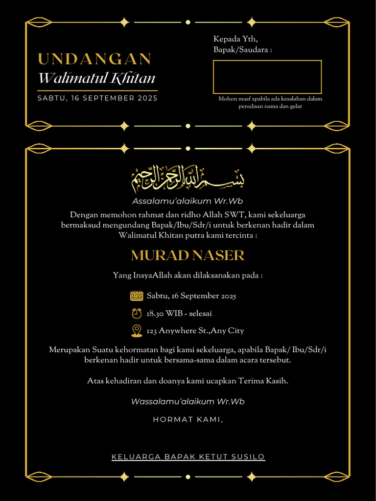 Hitam Emas Elegan Sederhana Undangan Walimatul Khitan | PDF