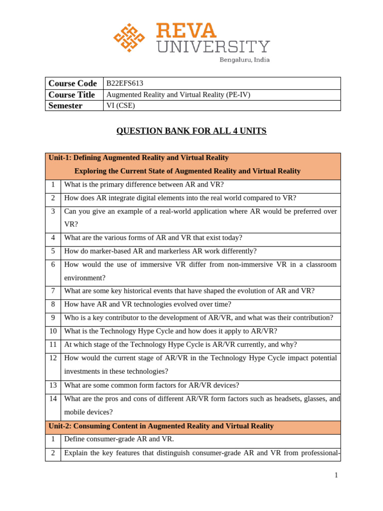 AR & VR - Question Bank (All 4 Units) | PDF | Augmented Reality ...