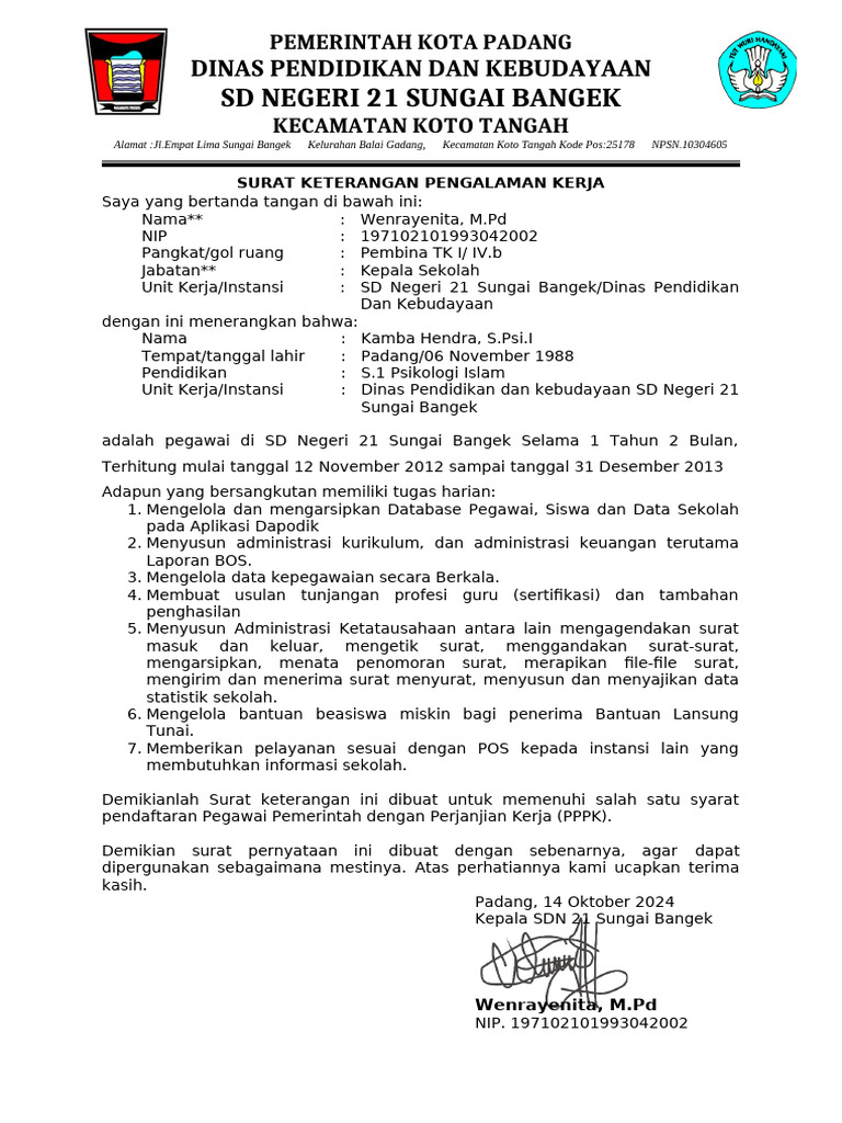 Lampiran IV - Format Surat Pengalaman Kerja | PDF