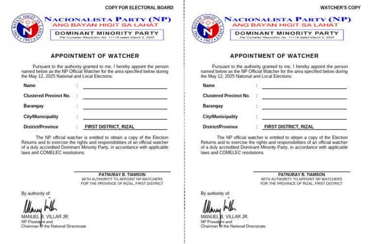 Appointment of NP Watcher Tiamson | PDF | Government | Elections
