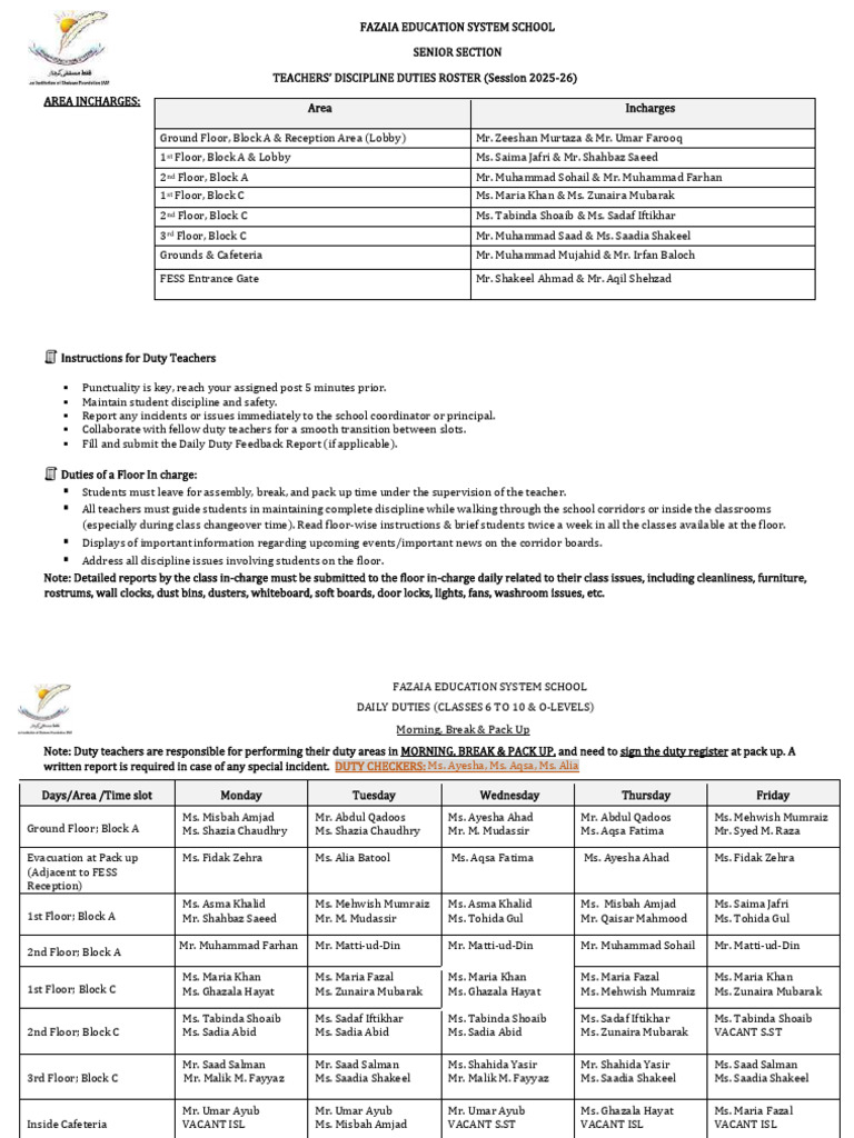 SS-TEACHERS DISCIPLINE DUTY ROSTER 2025-26... Wef 12th May | PDF