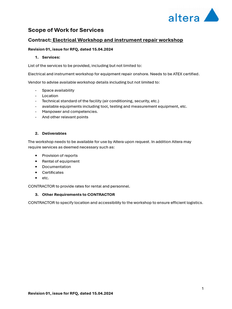 Electrical Workshop RFQ Scope of Work | PDF