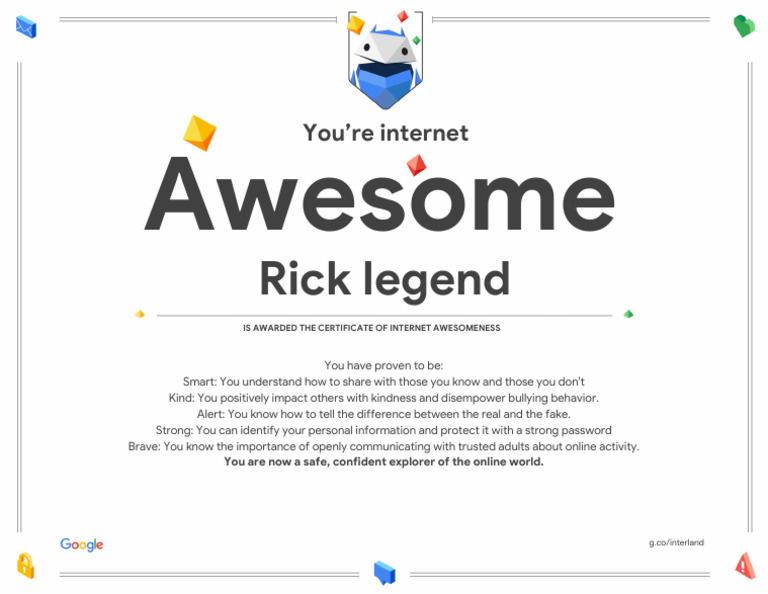 Google - Interland - Rick Legend - Certificate - of - Awesomeness | PDF