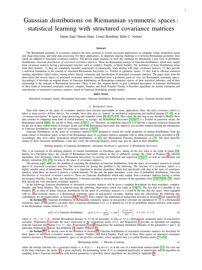 Gaussian Distributions On Riemannian Symmetric Spaces - Statistical Learning With Structured ...