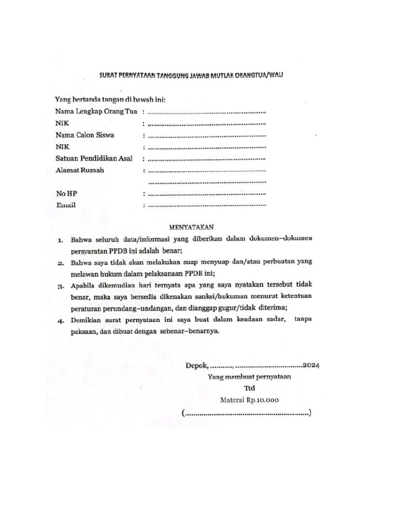 SURAT PERNYATAN PERTANGGUNG JAWAB MUTLAK ORANG TUA SISWA | PDF