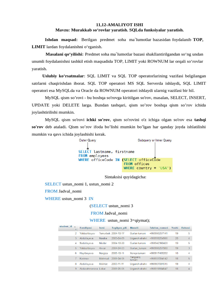 11,12-Amaliyot ishlari | PDF