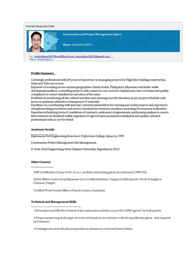 Resume-Vishnu Prakash Soni | PDF | Travel Visa | Business