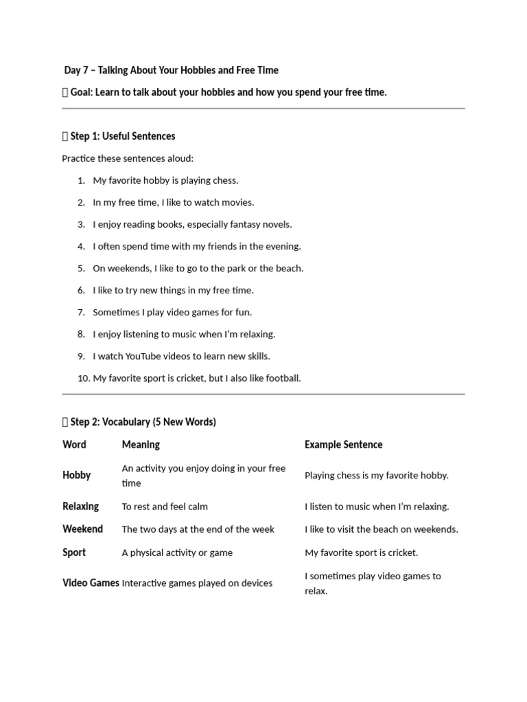 Day 7 - Talking About Your Hobbies and Free Time Goal: Learn To Talk ...