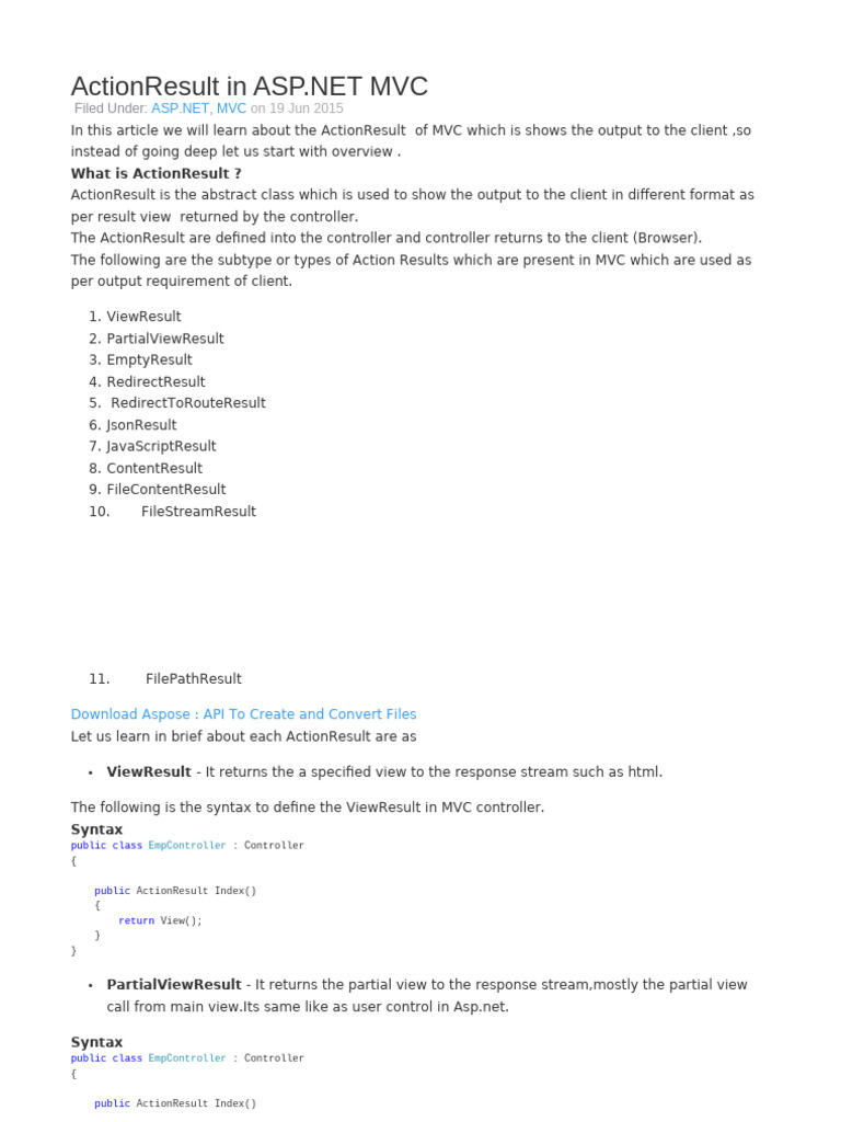 Understanding ActionResult Types in MVC | PDF | Json | Computing