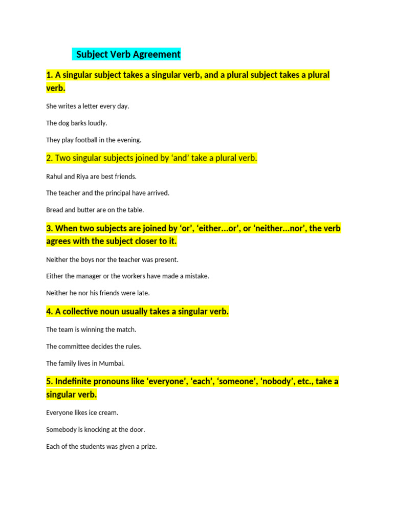 Subject Verb Agreement Rules | PDF | Grammatical Number | Plural