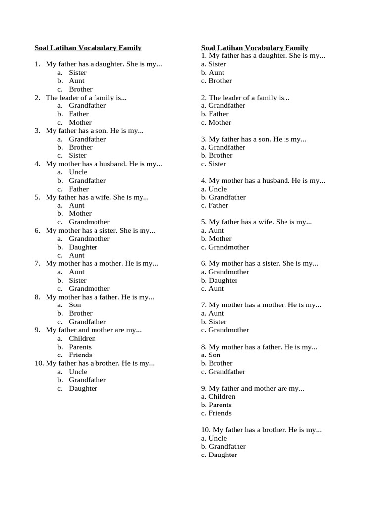 Soal Latihan Vocabulary Family | PDF | Family | Childhood