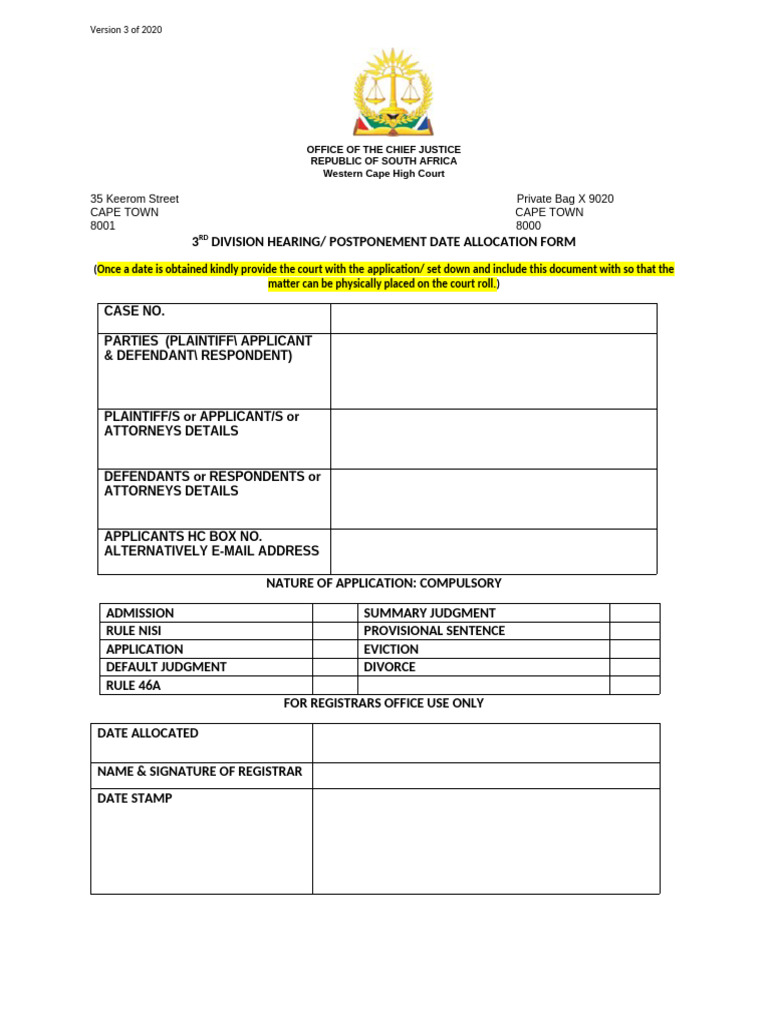 3rd Division Hearing - Postponement Date Allocation Form | PDF