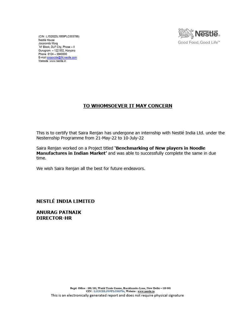 Nestlé Internship Certificate for Saira Renjan | PDF