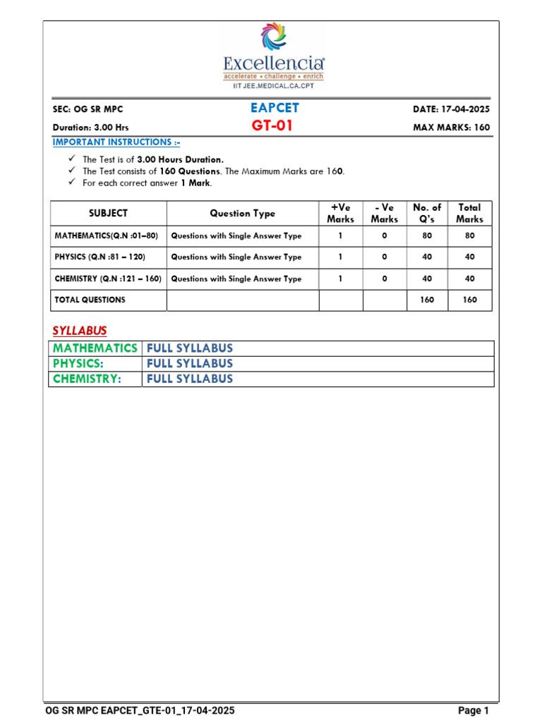 Og SR MPC Eapcet - Gte-01!17!04-2025 Q.P. With Key and Sol | PDF | Ellipse | Geometry