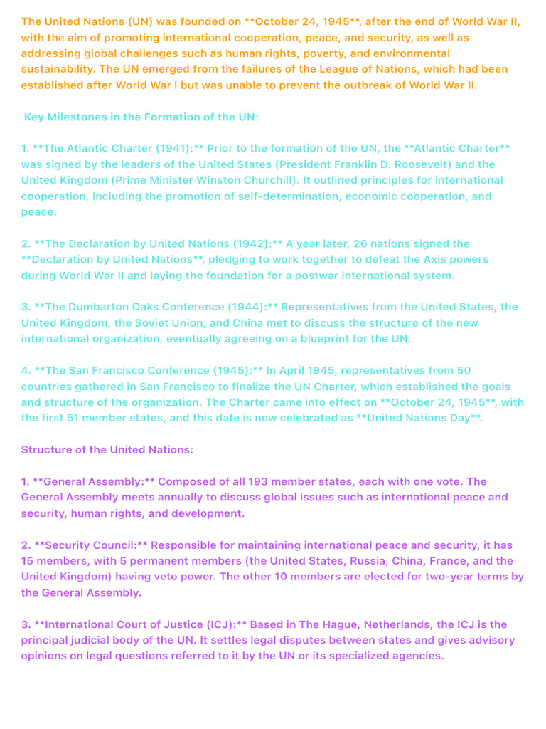 The United Nations (UN) Was Founded On October 24, 1945, After | PDF ...