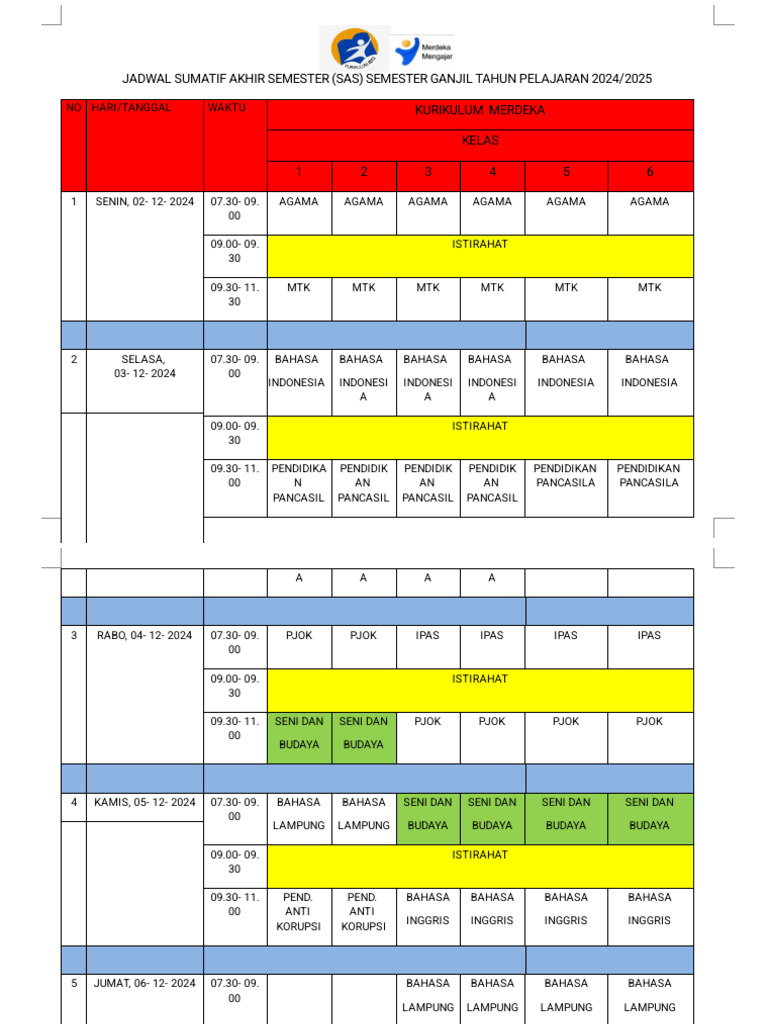 Jadwal Sas Ganjil 2024-2025 Fix | PDF