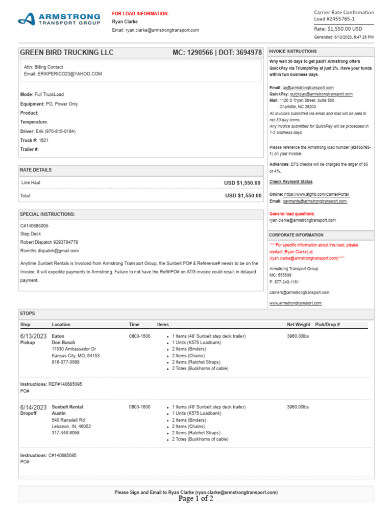 RateConfirmation - 2455765-1 | PDF | Cargo | Freight Transport