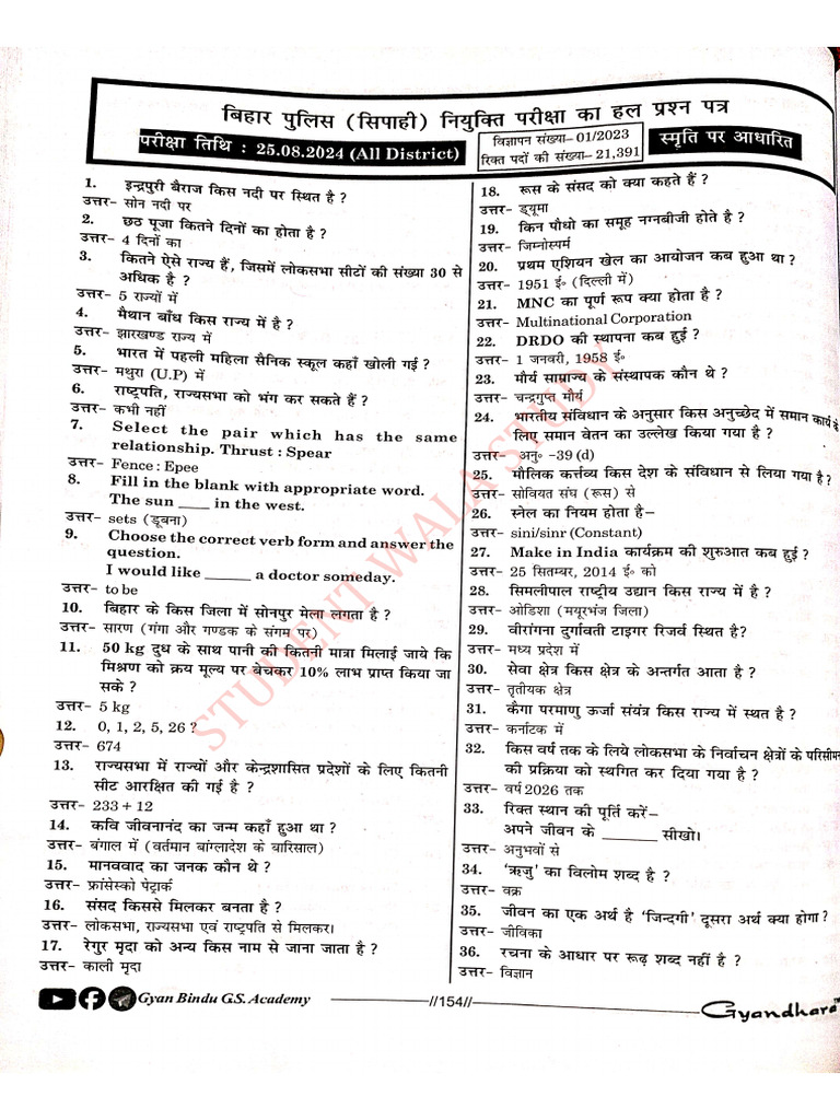Bihar Police Question Bank Set-9 | PDF
