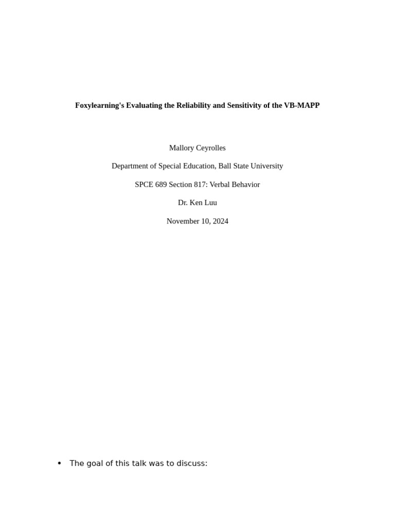 Ceyrolles, Mallory Foxy Learning Evaluating The Reliability and Sensitivity of The VB-MAPP | PDF ...