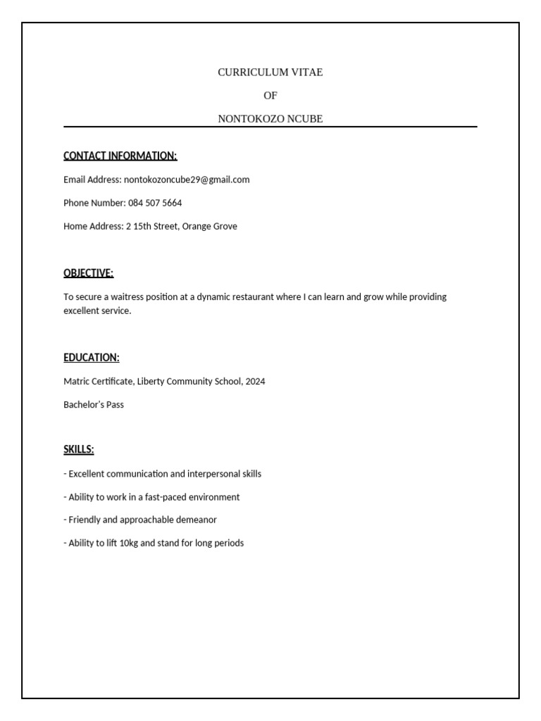 CV Waitress | PDF