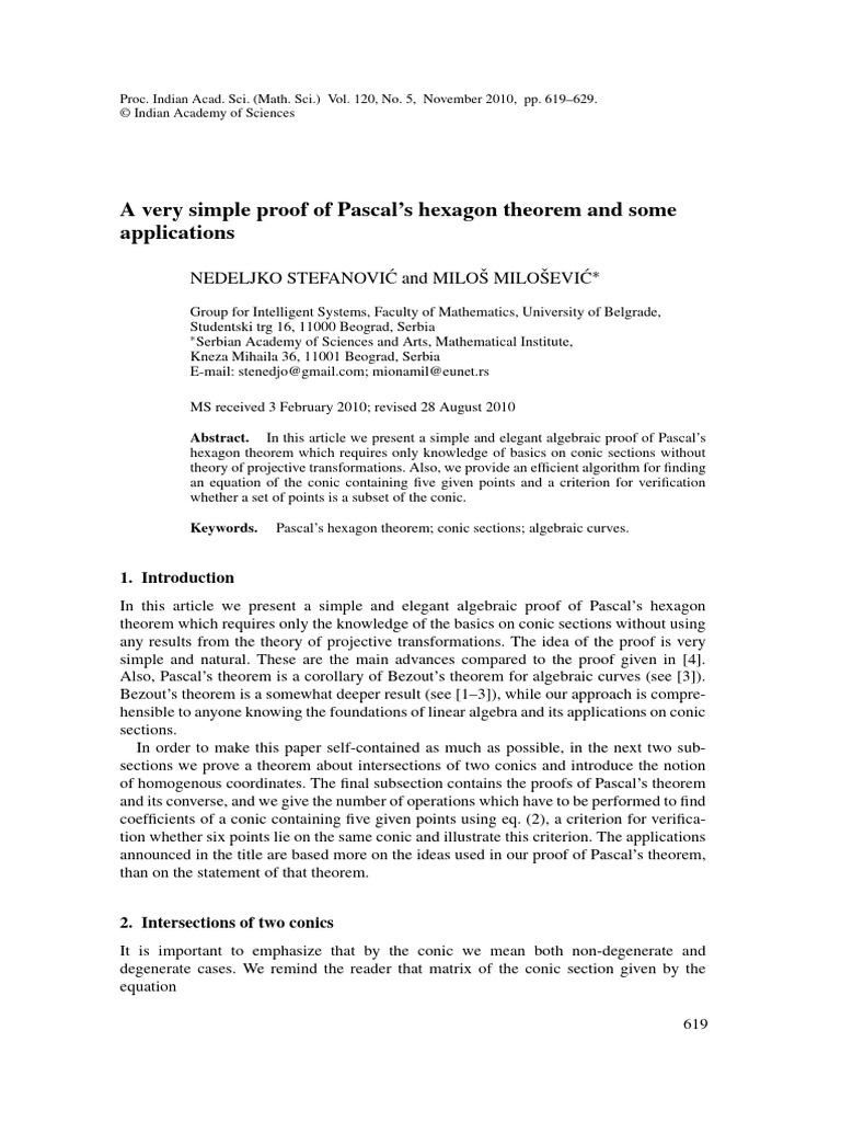 A very simple proof of Pascal’s hexagon theorem and some applications ...
