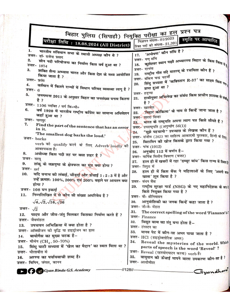 Bihar Police Question BANK Set-7 Gyan Bindu | PDF