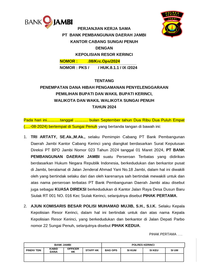 PERJANJIAN KERJA SAMA PKS_BANK 9 JAMBI | PDF