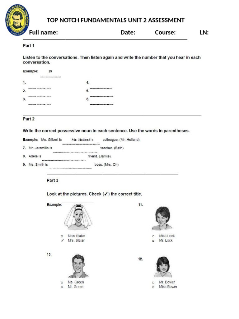 TOP NOTCH FUNDAMENTALS UNIT 2 ASSESSMENT | PDF