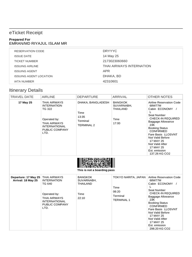Electronic Ticket Receipt, May 17 For MR MD RIYAJUL ISLAM EMRAN | PDF