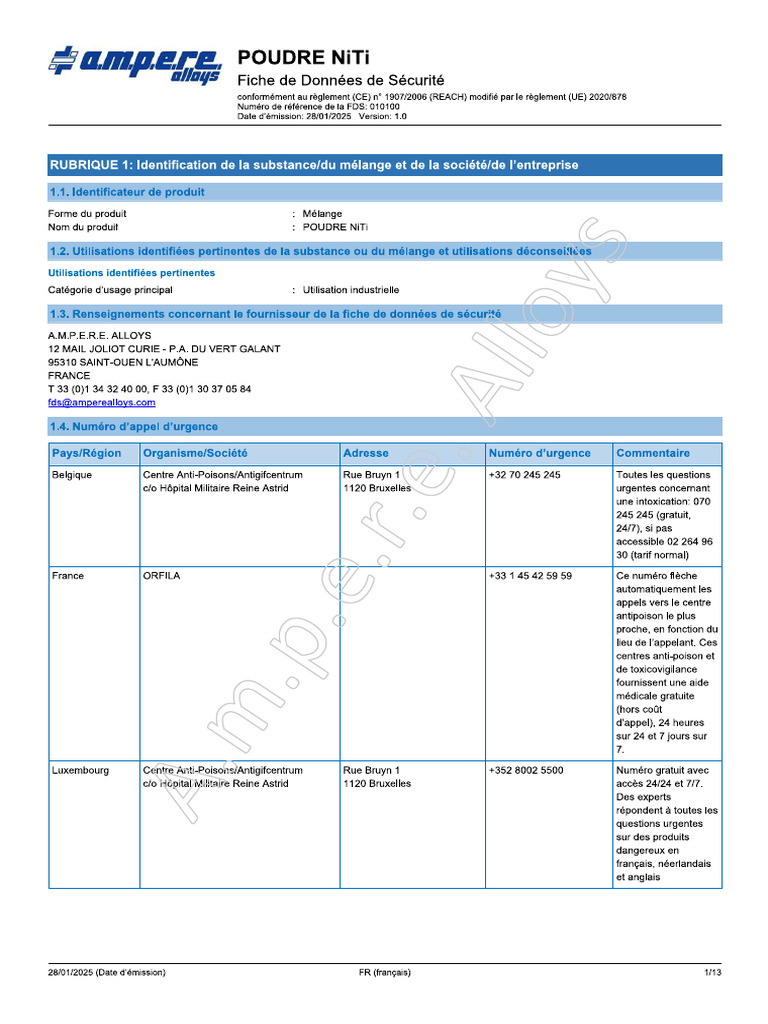 2025 Poudre Nickel Titanium Ampere Alloys | PDF | Metals | Materials