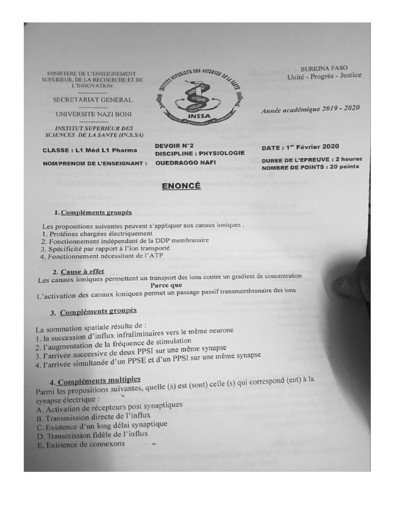 Devoir N2 de Physio1 - 2019-2020-1 | PDF