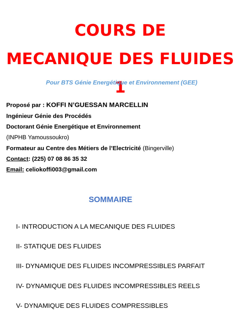 Cours de Mécanique Des Fluides 1 | PDF | Pression | Fluide