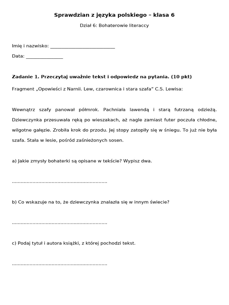 Sprawdzian Jezyk Polski Klasa6 Dzial6 | PDF