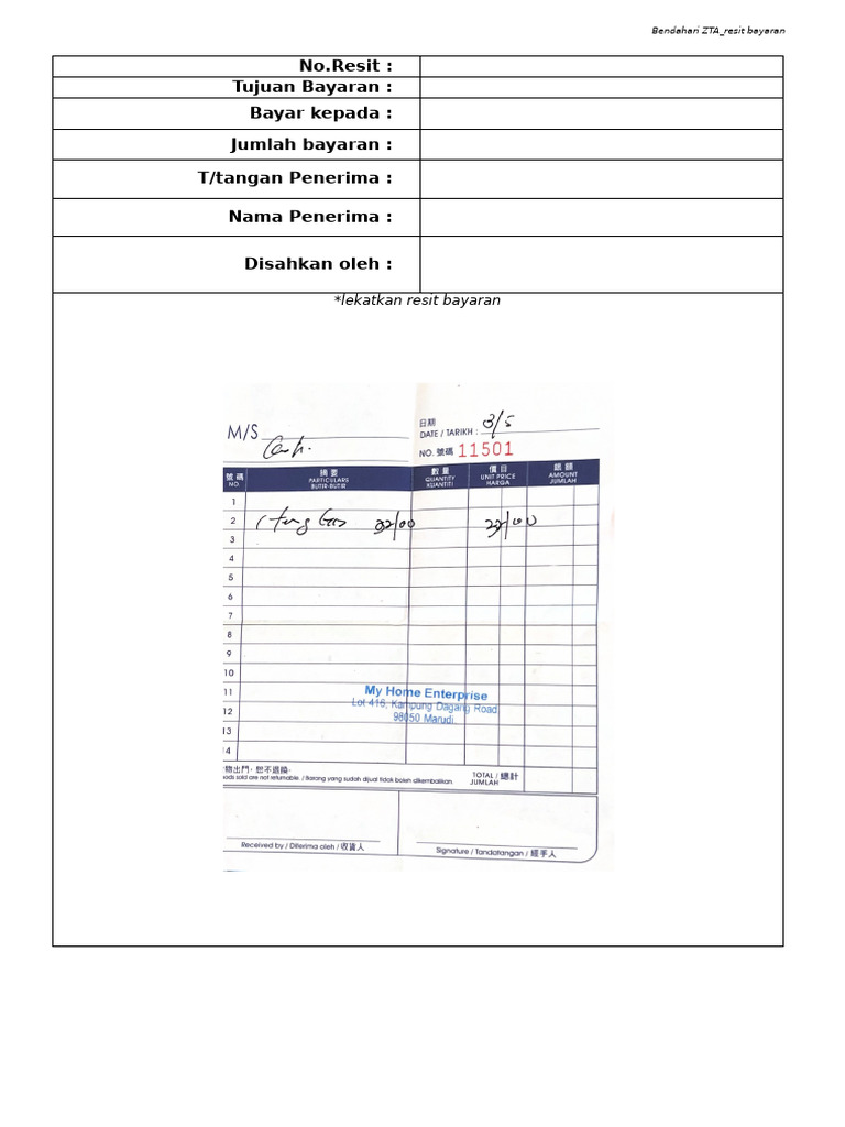 Contoh Resit Bayaran ZTA | PDF