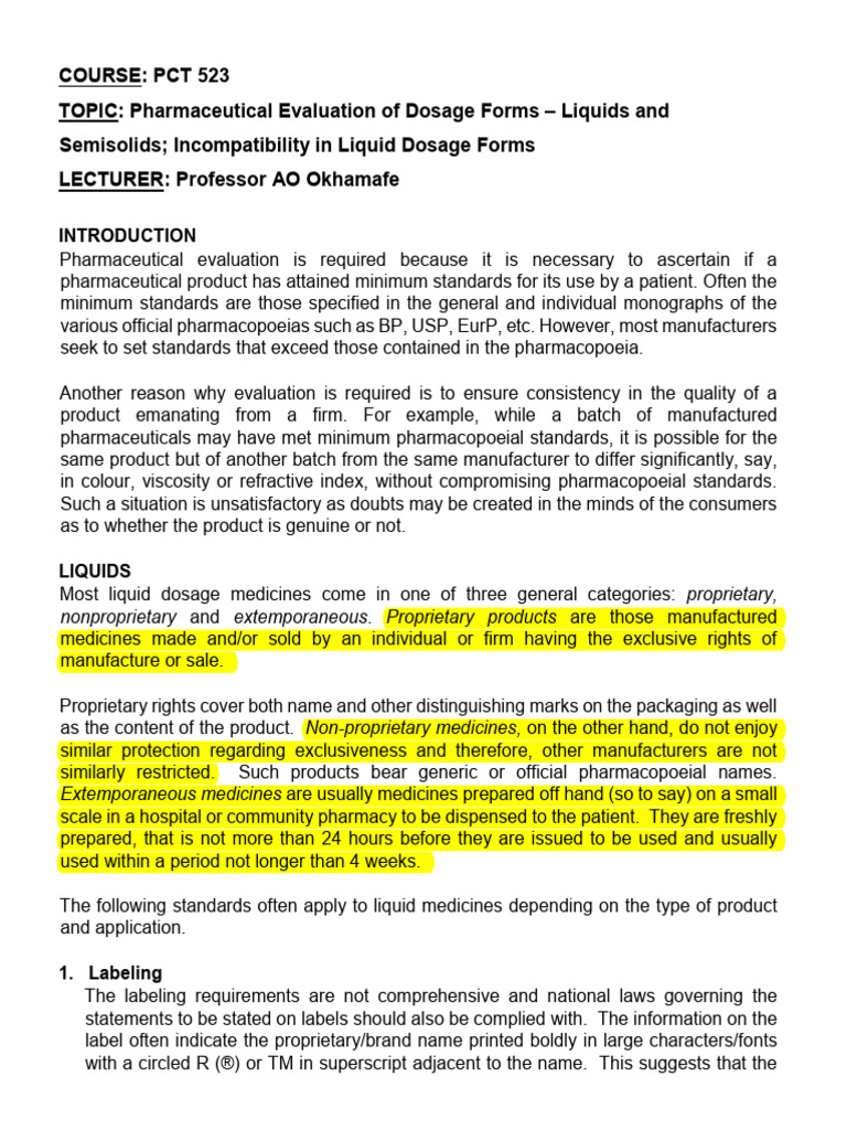 Lecture Note-Evaluation of Liquid & Semi-solid Dosage Form; Incompatibilities of Liquids | PDF ...