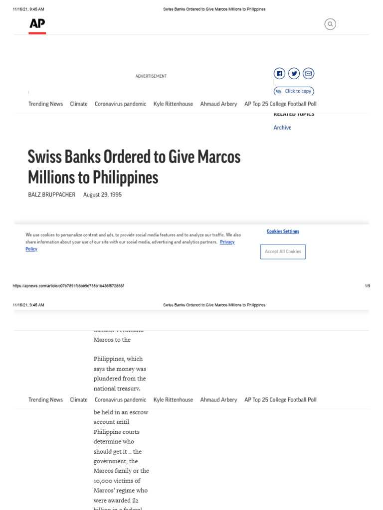 Swiss Banks Ordered To Give Marcos Millions To Philippines | PDF ...