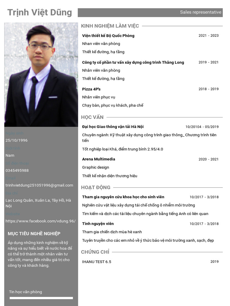 CV Trịnh Việt Dũng - Sales representative | PDF