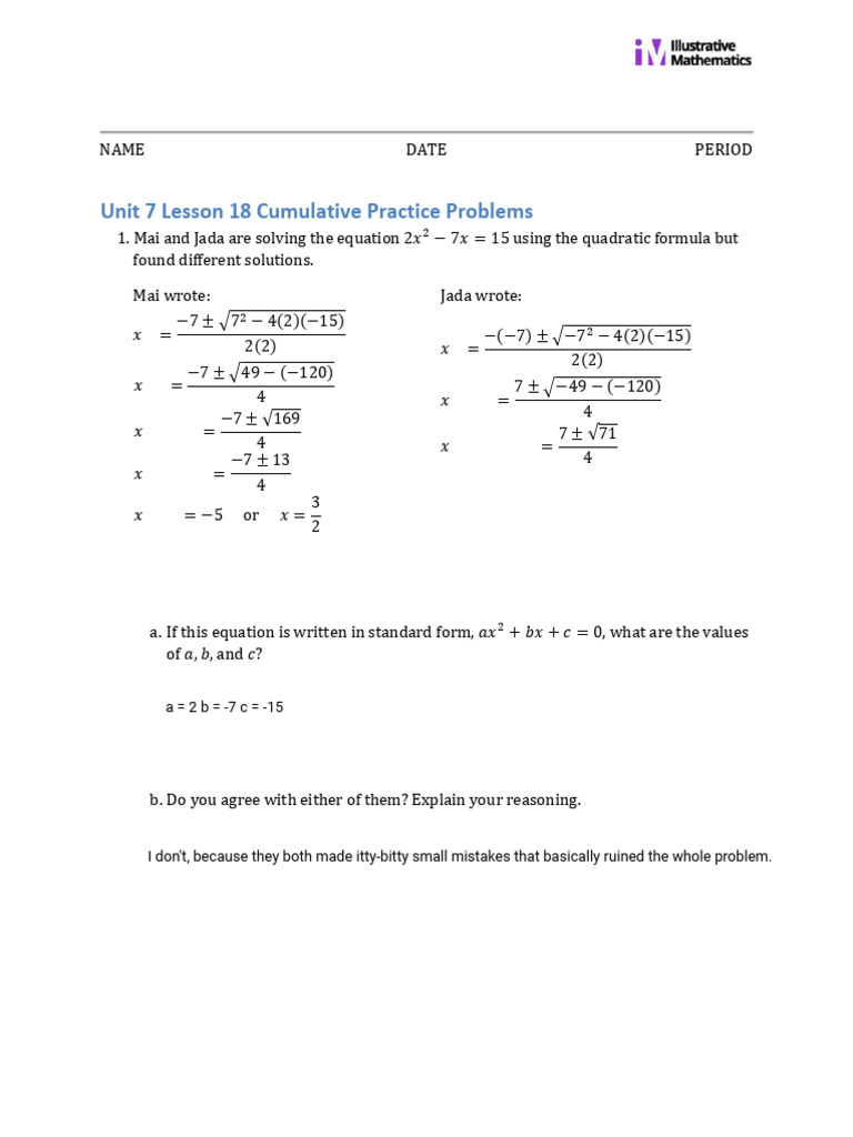 HW - Unit 7 Lesson 18 Practice Problems | PDF