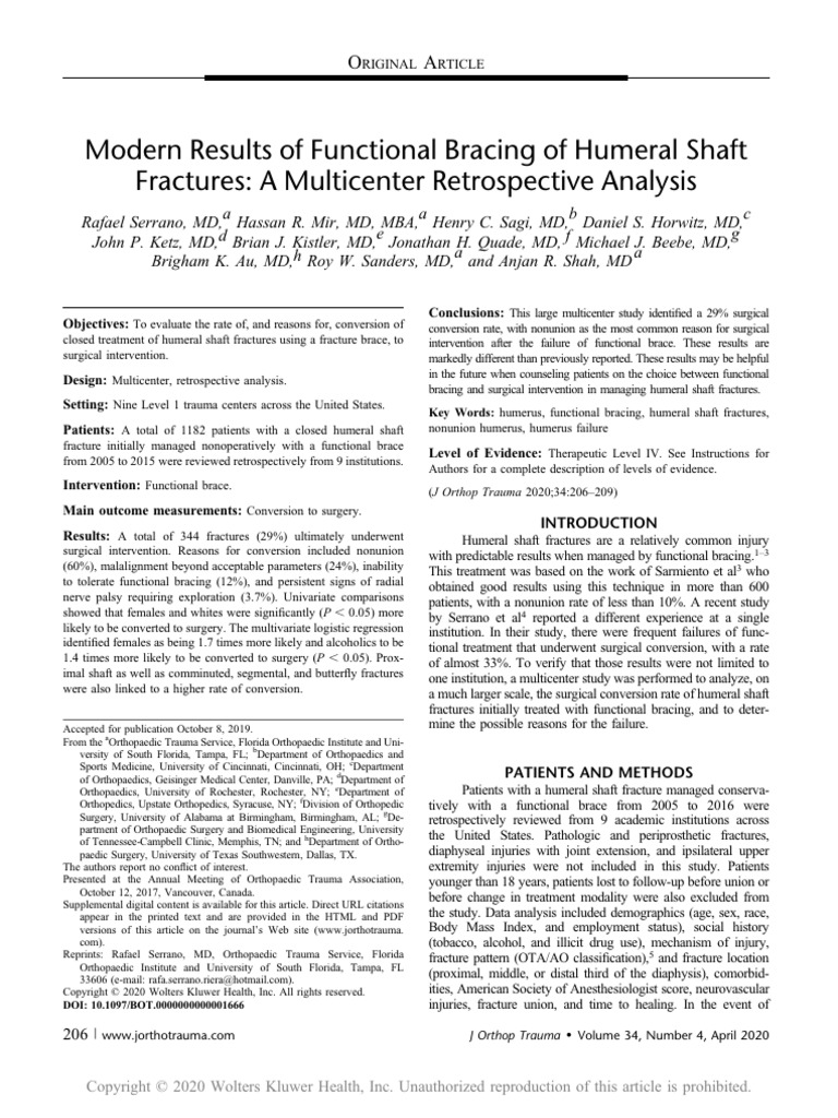Modern Results of Functional Bracing of Humeral Shaft Fractures - A ...