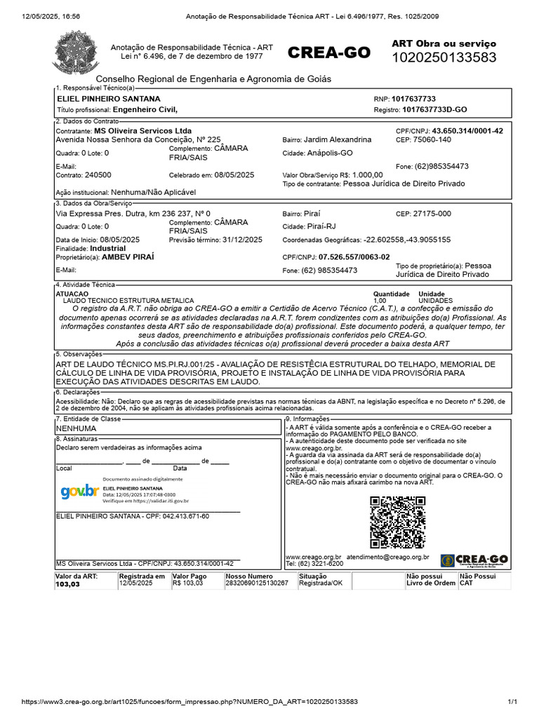 Anotacao de Responsabilidade Tecnica ART - Lei 6.496 1977, Res. 1025 ...