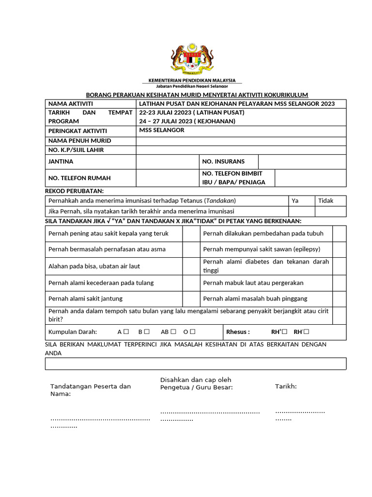 Borang Perakuan Kesihatan Murid Menyertai Aktiviti Pelayaran MSSS | PDF