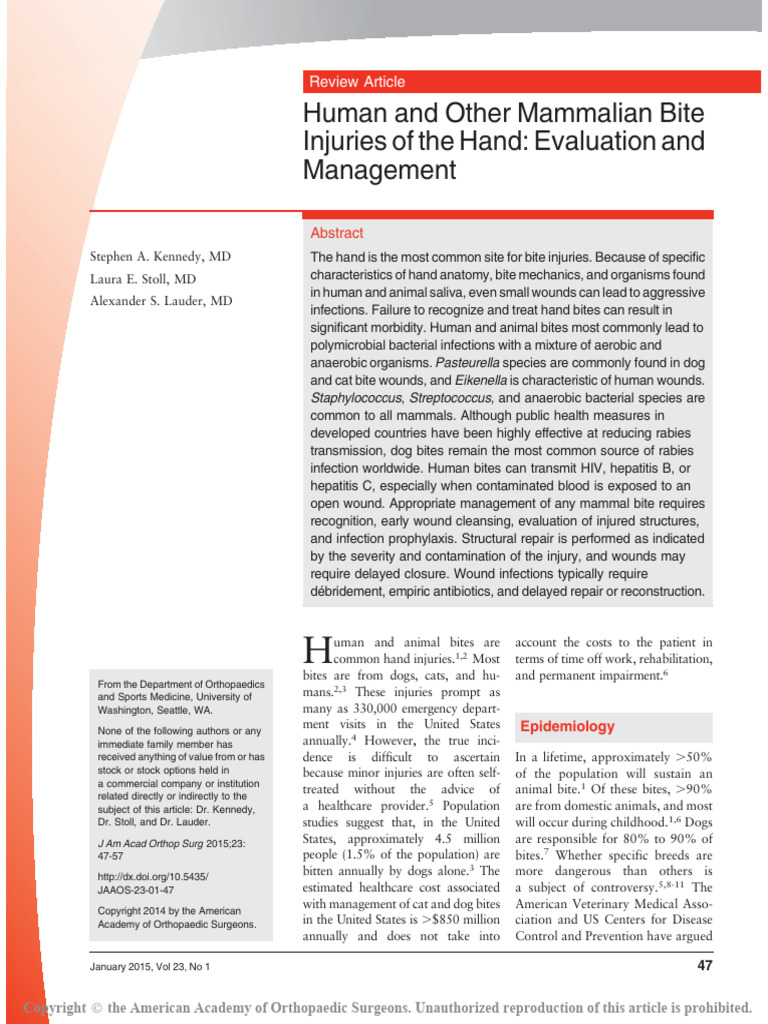 Hand Bite Injuries: Evaluation & Care | PDF | Infection | Wound