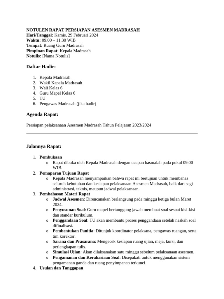 Notulen Rapat Persiapan Asesmen Madrasah | PDF