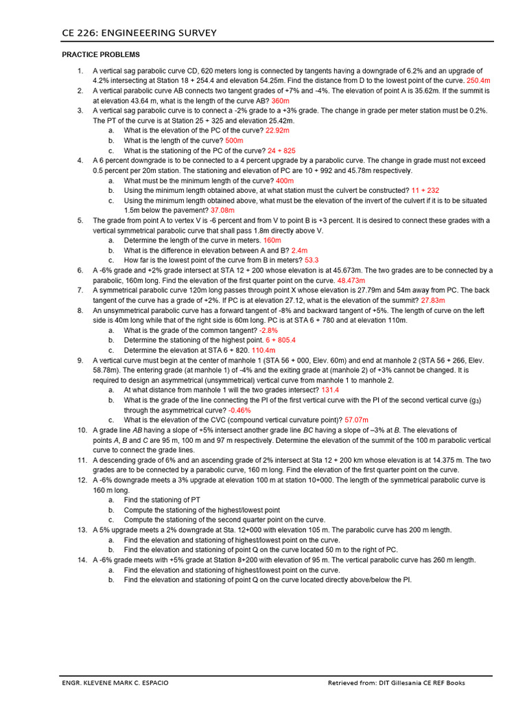 Vertical Curves Practice Problems | PDF | Tangent | Algebraic Geometry