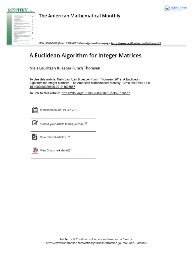 A Euclidean Algorithm for Integer Matrices | PDF | Matrix (Mathematics) | Ring (Mathematics)